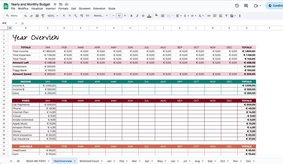 Yearly and Monthly Budget Sheet Template - Etsy