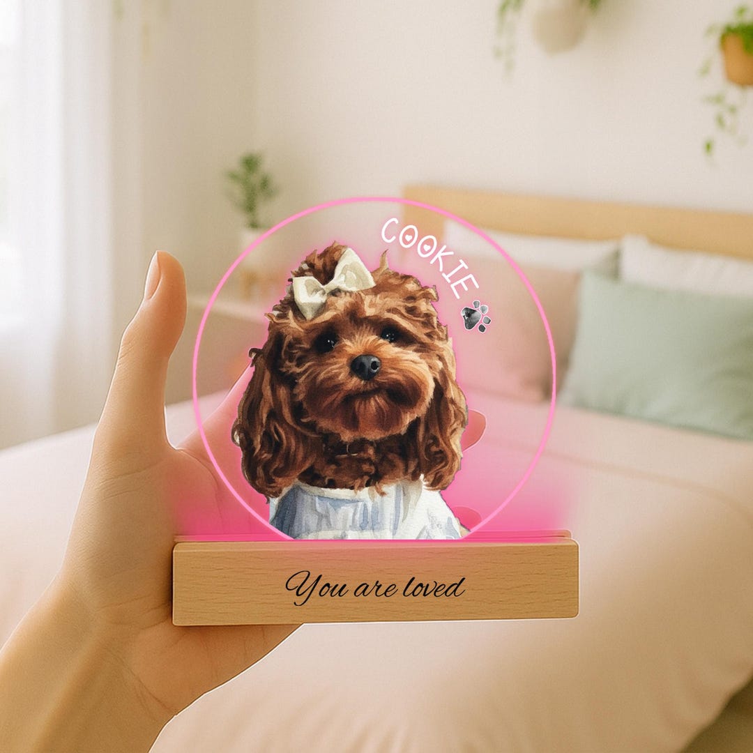 Custom Pet Portrait LED Lamp | Dog Memorial Light, Wooden Base - Etsy