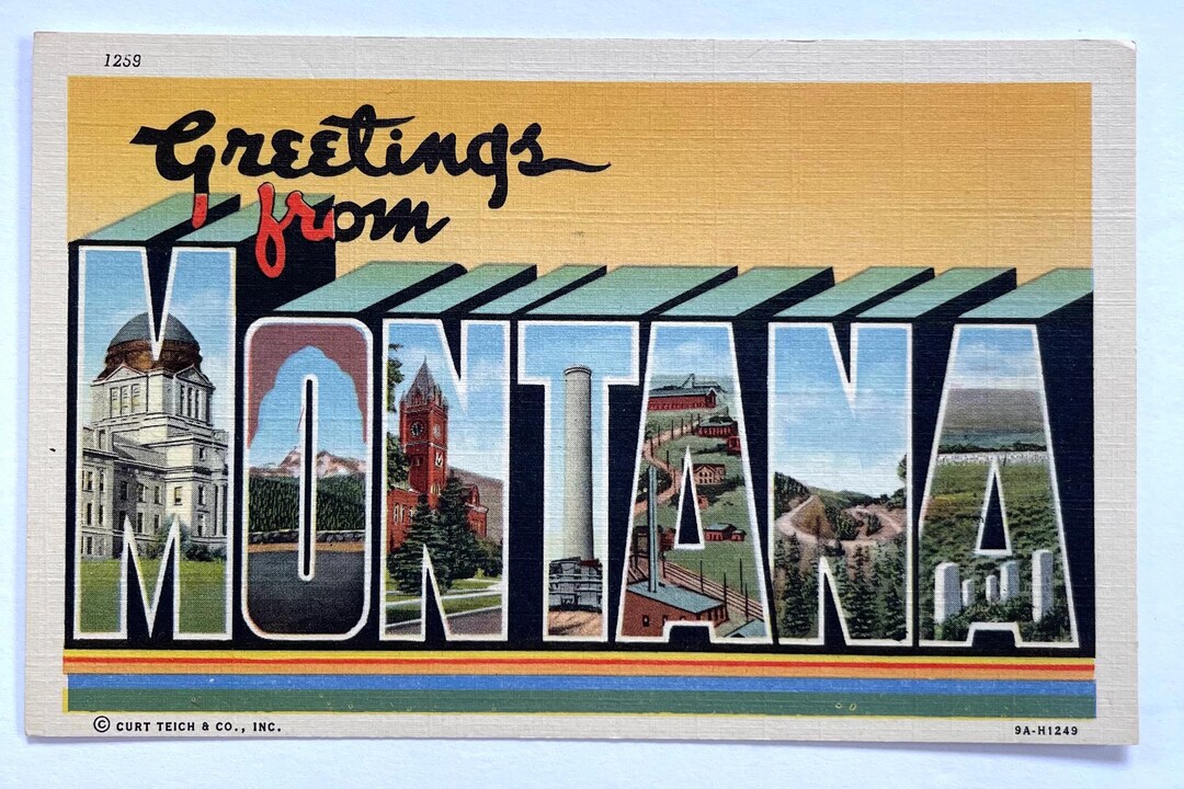 Greetings From Montana Big Large Letter Vintage Linen Postcard Unposted ...