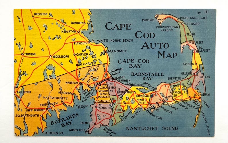 Cape Cod Map, Driving Distances Vintage Linen Postcard - Etsy