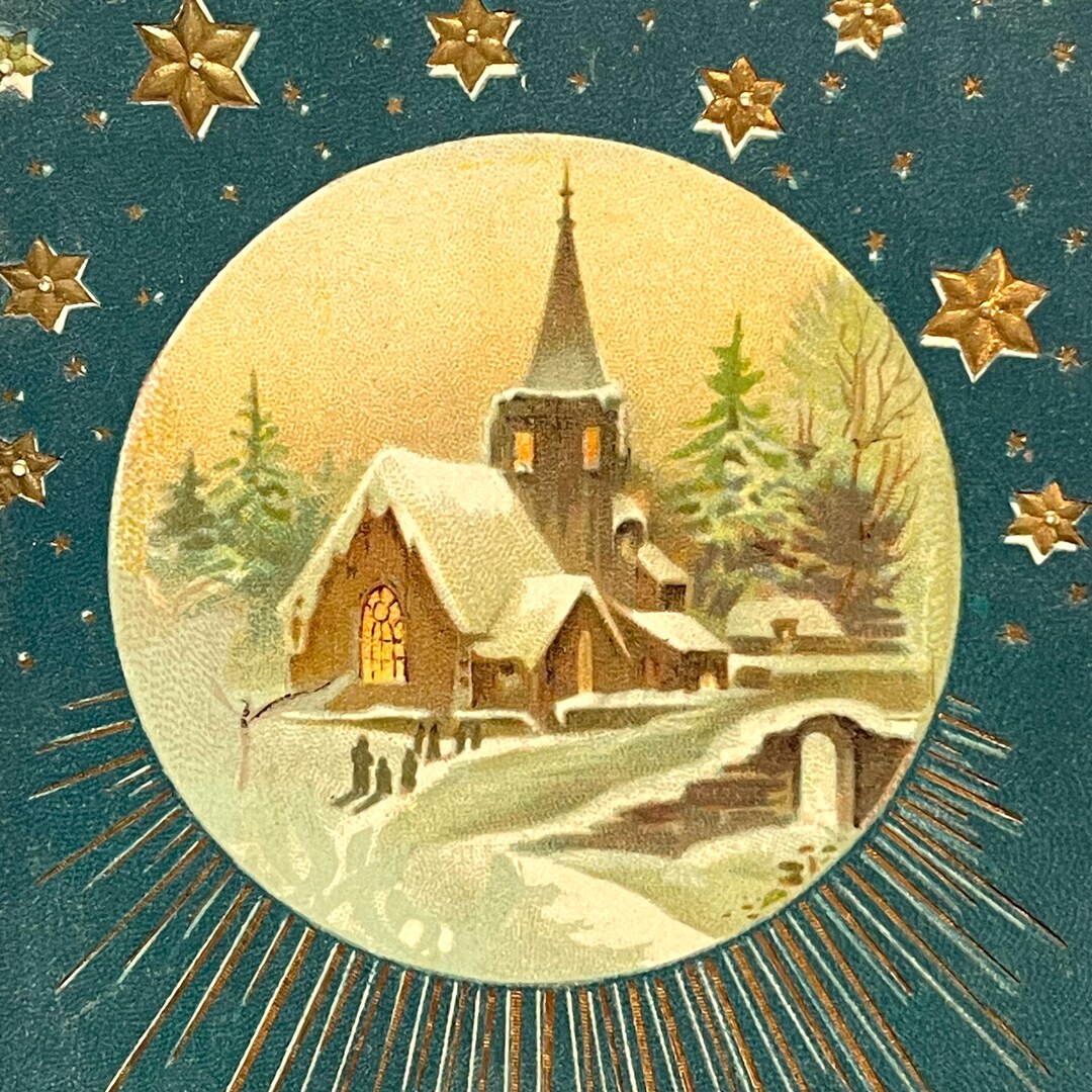 A Merry Christmas Antique 1909 Church Snow Printed in Germany Vintage ...