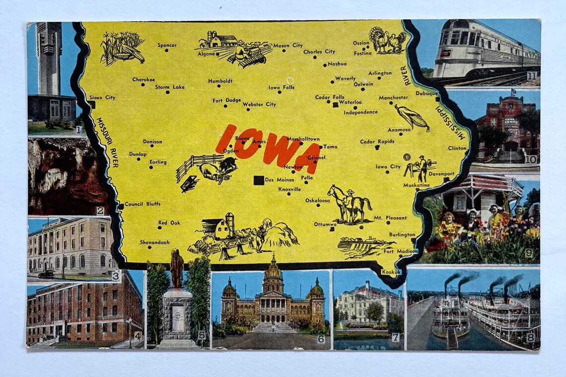 Iowa IA, Landmarks State Greetings Map Sites Vintage Postcard Unposted ...