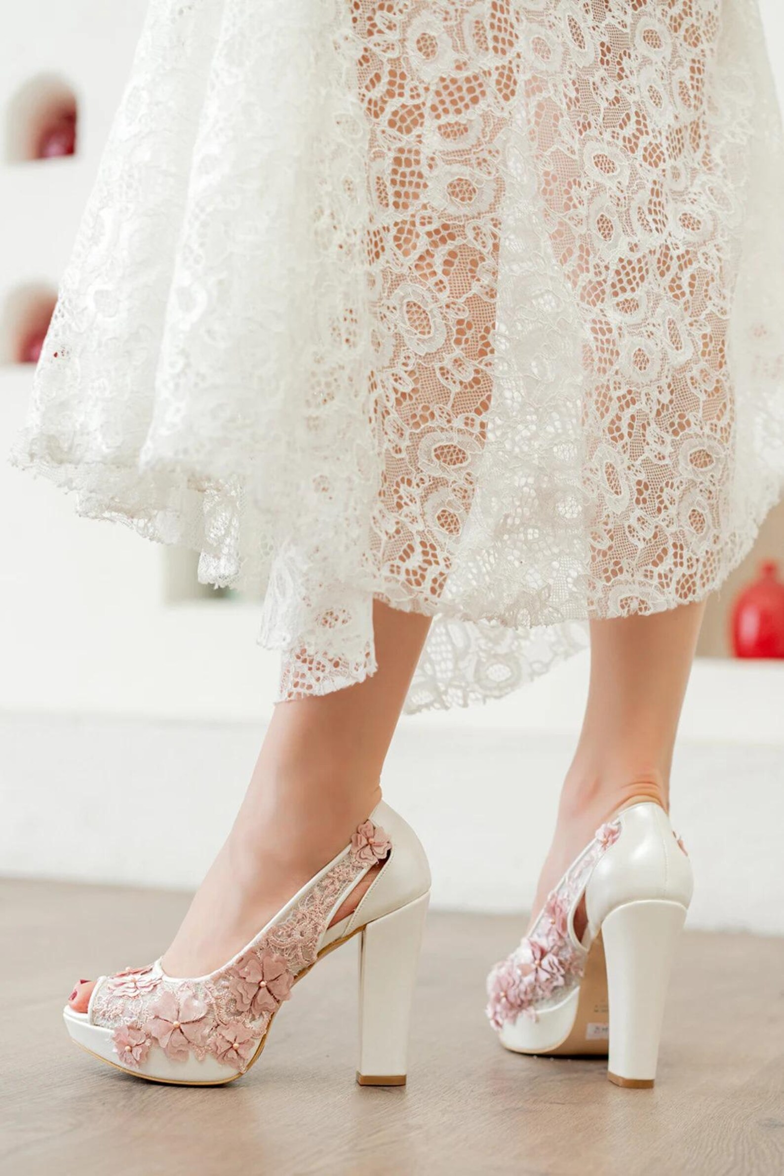 Pink Lace Embroidery Women's Wedding Shoes, Bridesmaid Shoes, Bridal ...