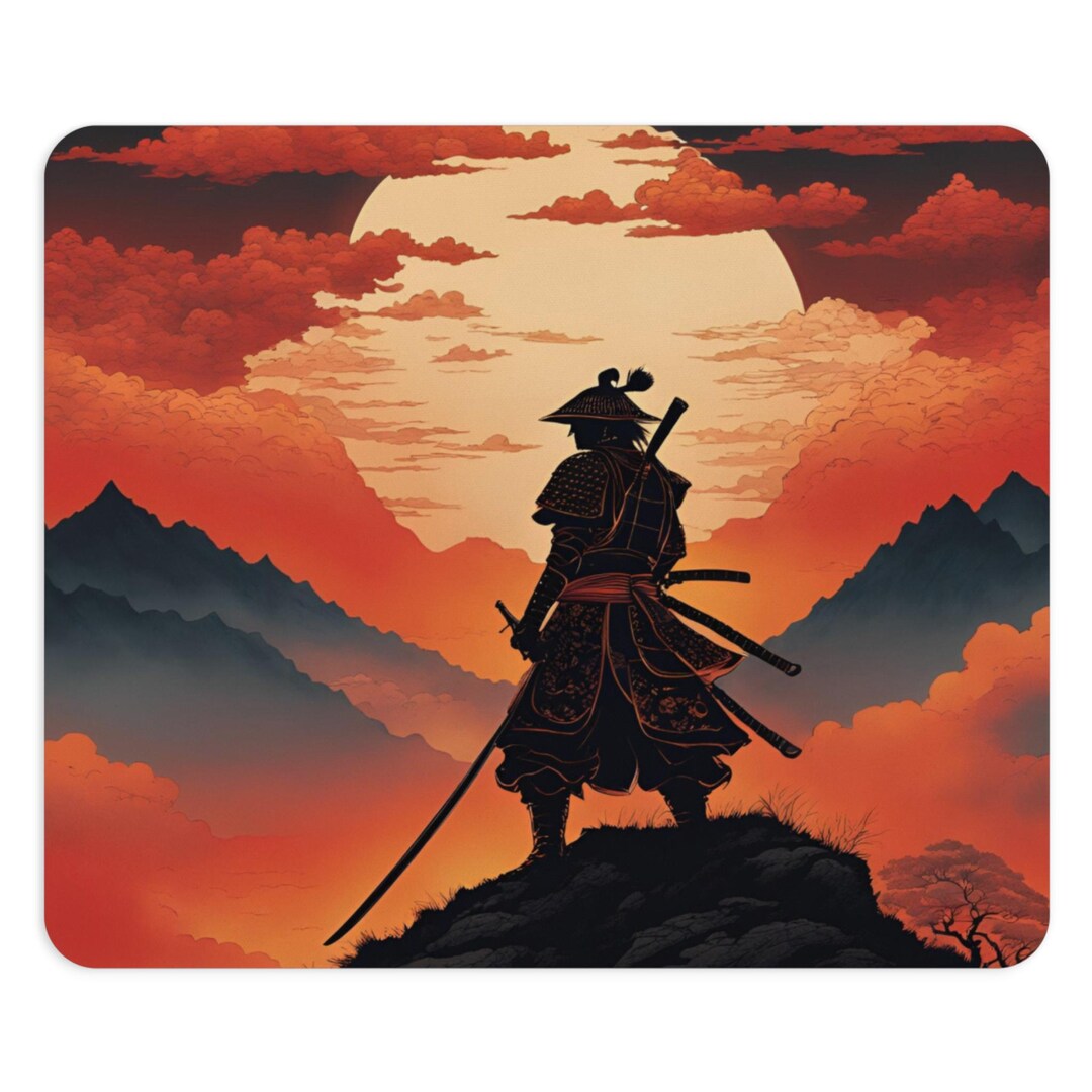 Samurai Mouse Pad, Japanese Warrior Desk Mat, Red Sky, Silhouette ...