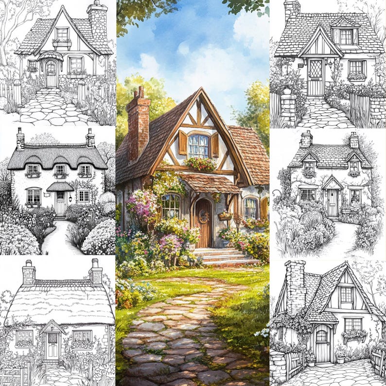 English Cottage Coloring Book: 50 Printable Pages (2 PDF Files ...