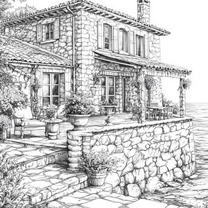 Architecture Coloring Book - 105 Grayscale Houses With Landscapes for ...