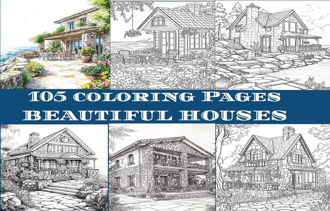 Architecture Coloring Book - 105 Grayscale Houses With Landscapes for ...
