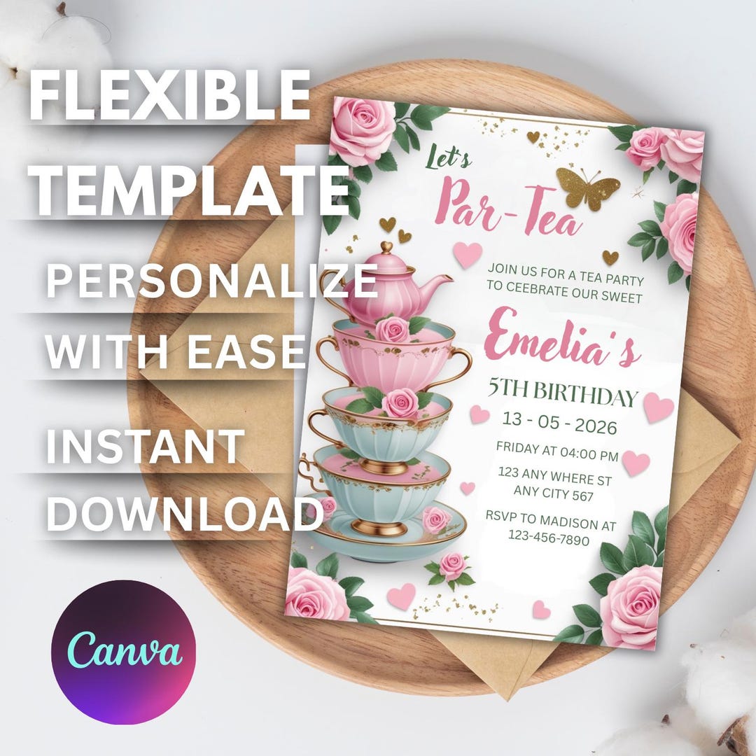 Floral Tea Party Invitation: Pink & Gold Birthday (editable Instant ...