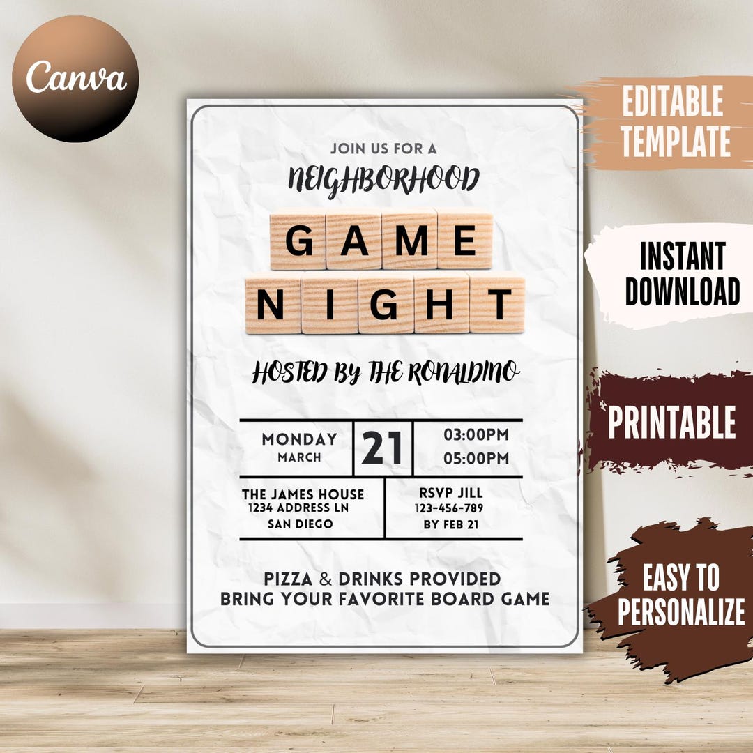 Game Night Invitation, Board Game Party Invite for Family Neighborhood ...