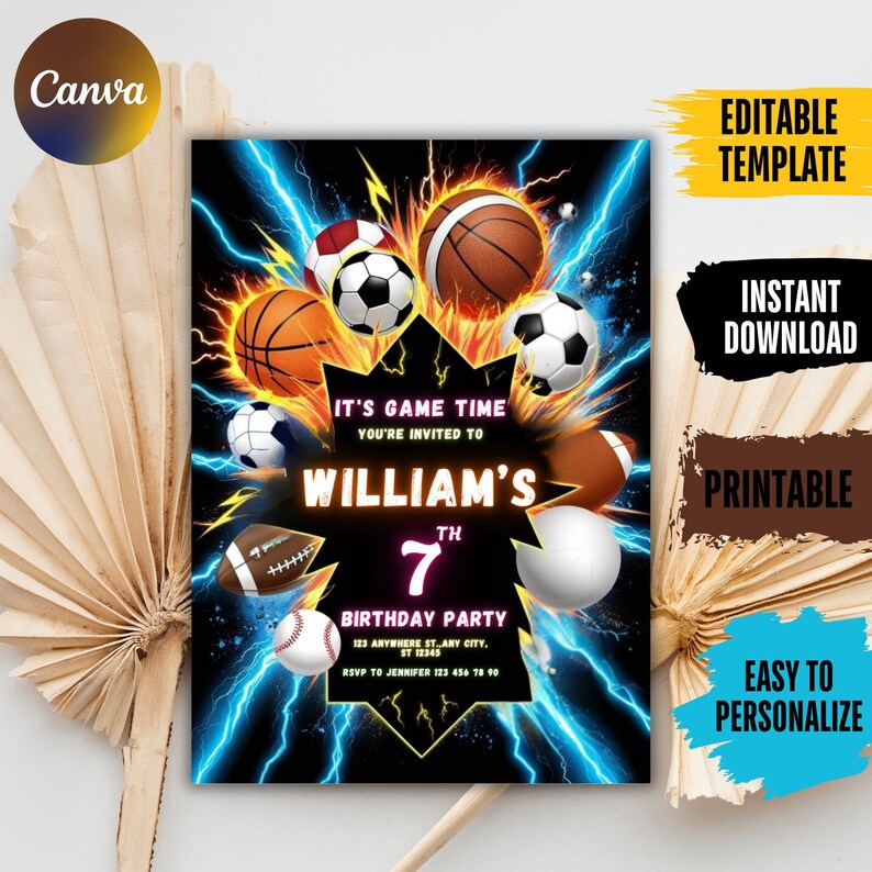 Sports Birthday Party Invitation: Editable Template (digital Download ...