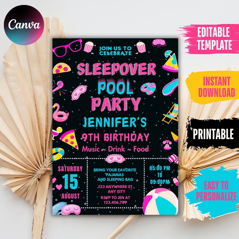 Editable Sleepover Pool Party Birthday Invitation (instant Download) - Etsy