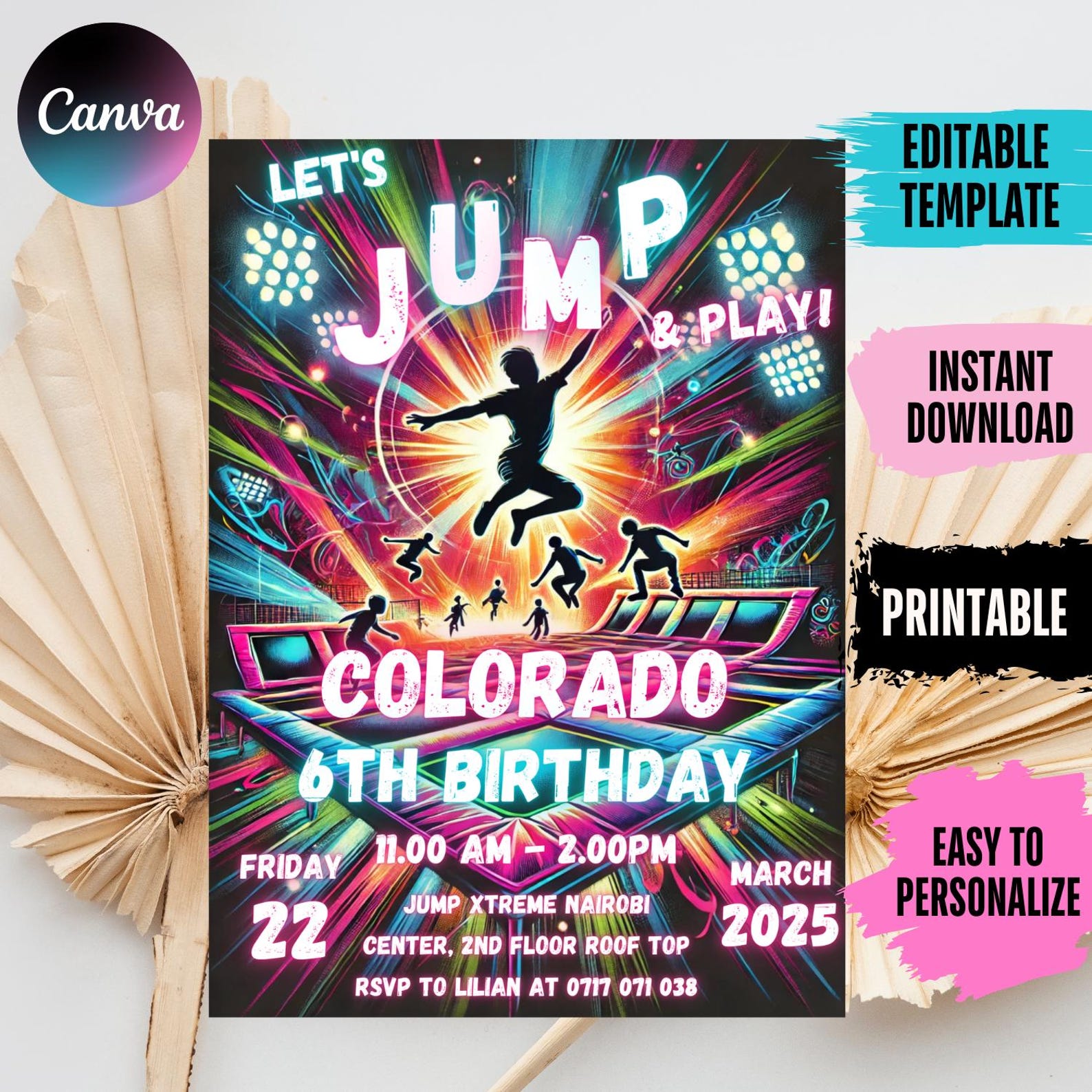 Trampoline Birthday Invitation: Editable Jump Party Template (digital ...