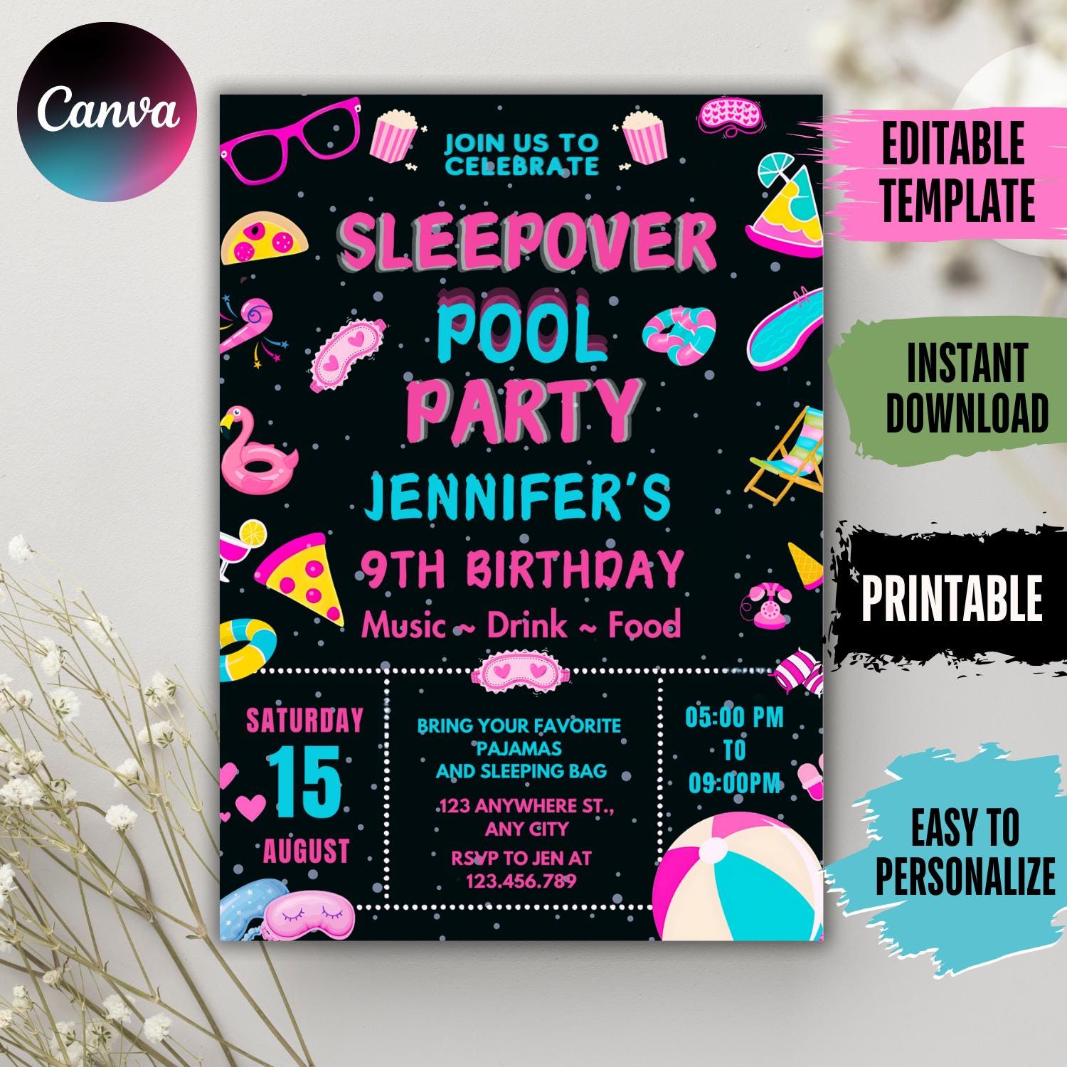Editable Sleepover Pool Party Birthday Invitation (instant Download) - Etsy