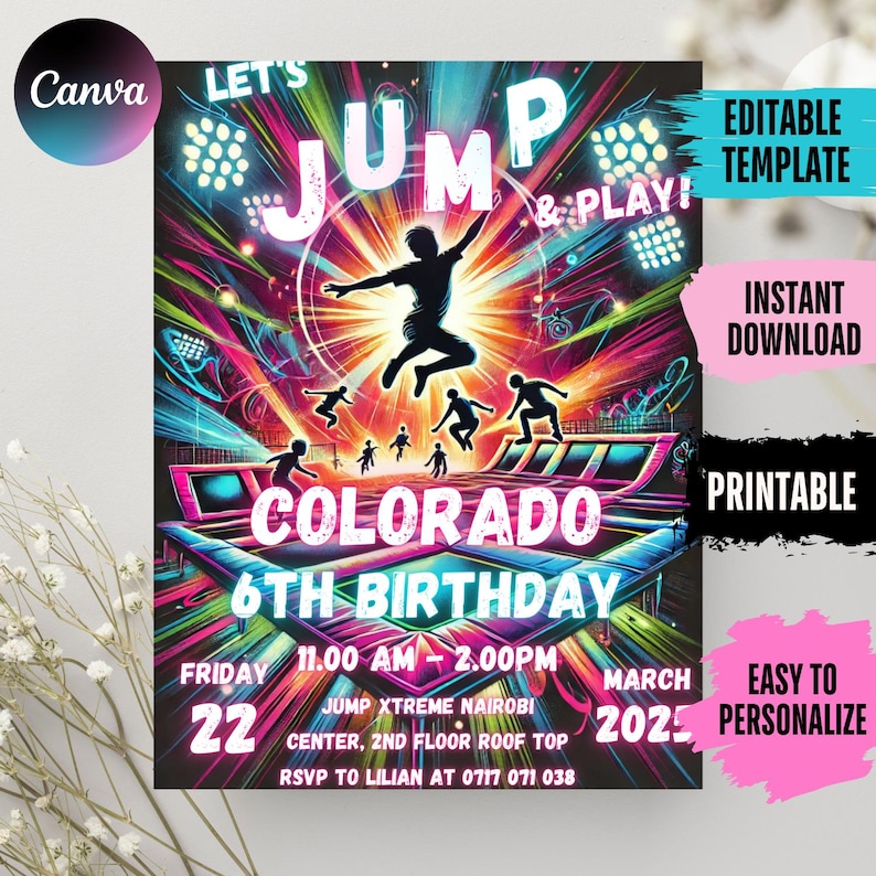 Trampoline Birthday Invitation: Editable Jump Party Template (digital ...