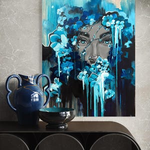 Blue Floral Portrait Painting - Large Acrylic Wall Art (50×70 cm) - Etsy