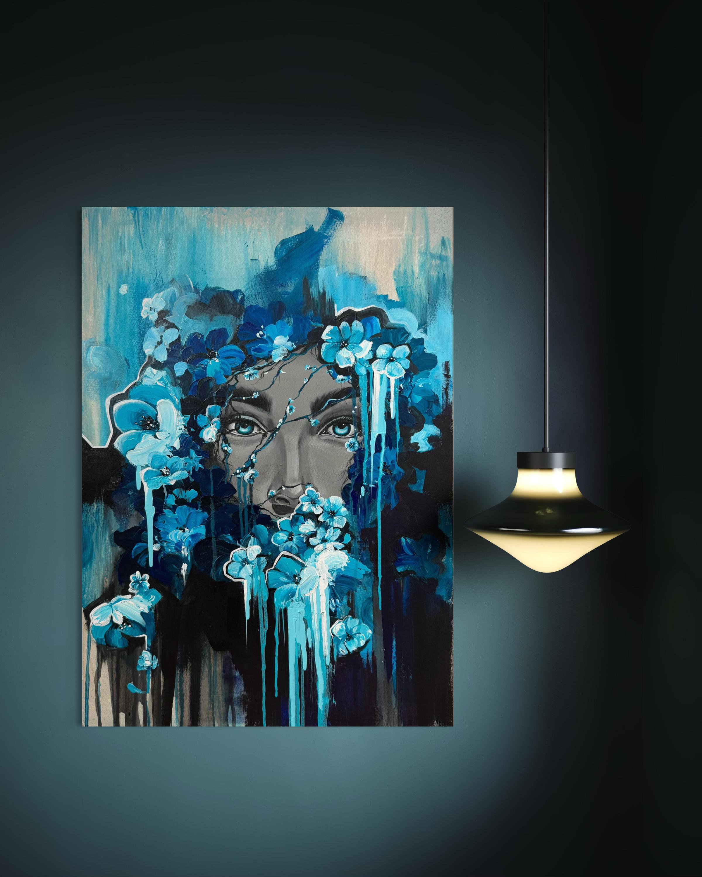 Blue Floral Portrait Painting - Large Acrylic Wall Art (50×70 cm) - Etsy