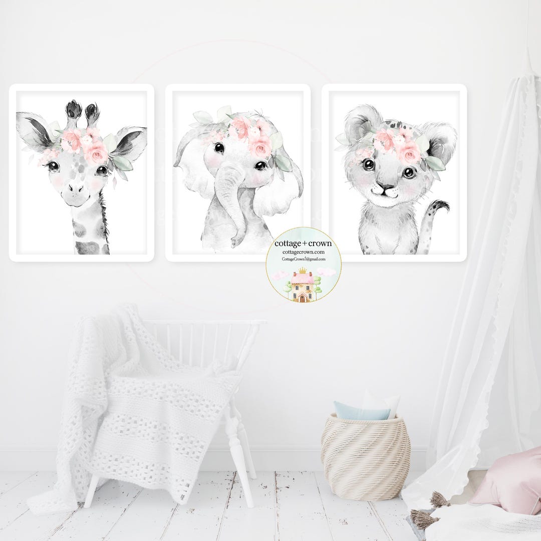 3 Boho Blush Elephant Lion Giraffe Pink Floral Zoo Animal 8x10" Digital ...