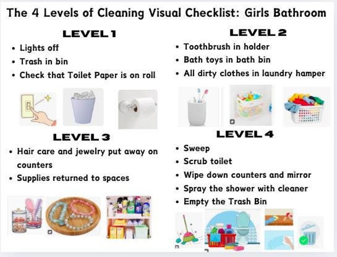The 4 Levels of Cleaning Visual Checklist: Girls Bathroom Chore Chart ...