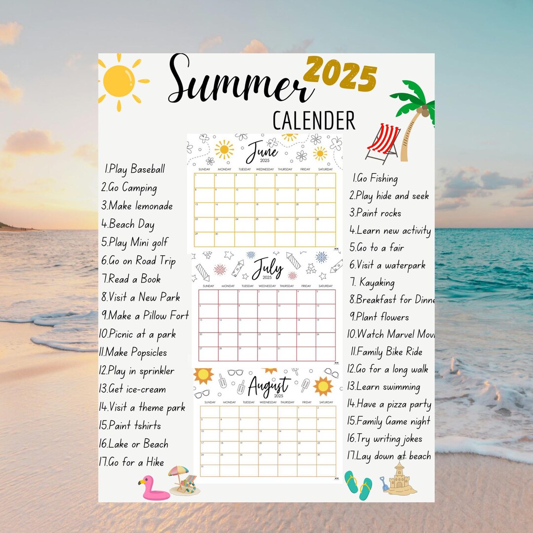 Editable Summer Calendar Poster Printable Summer Fun Bucket List Family ...