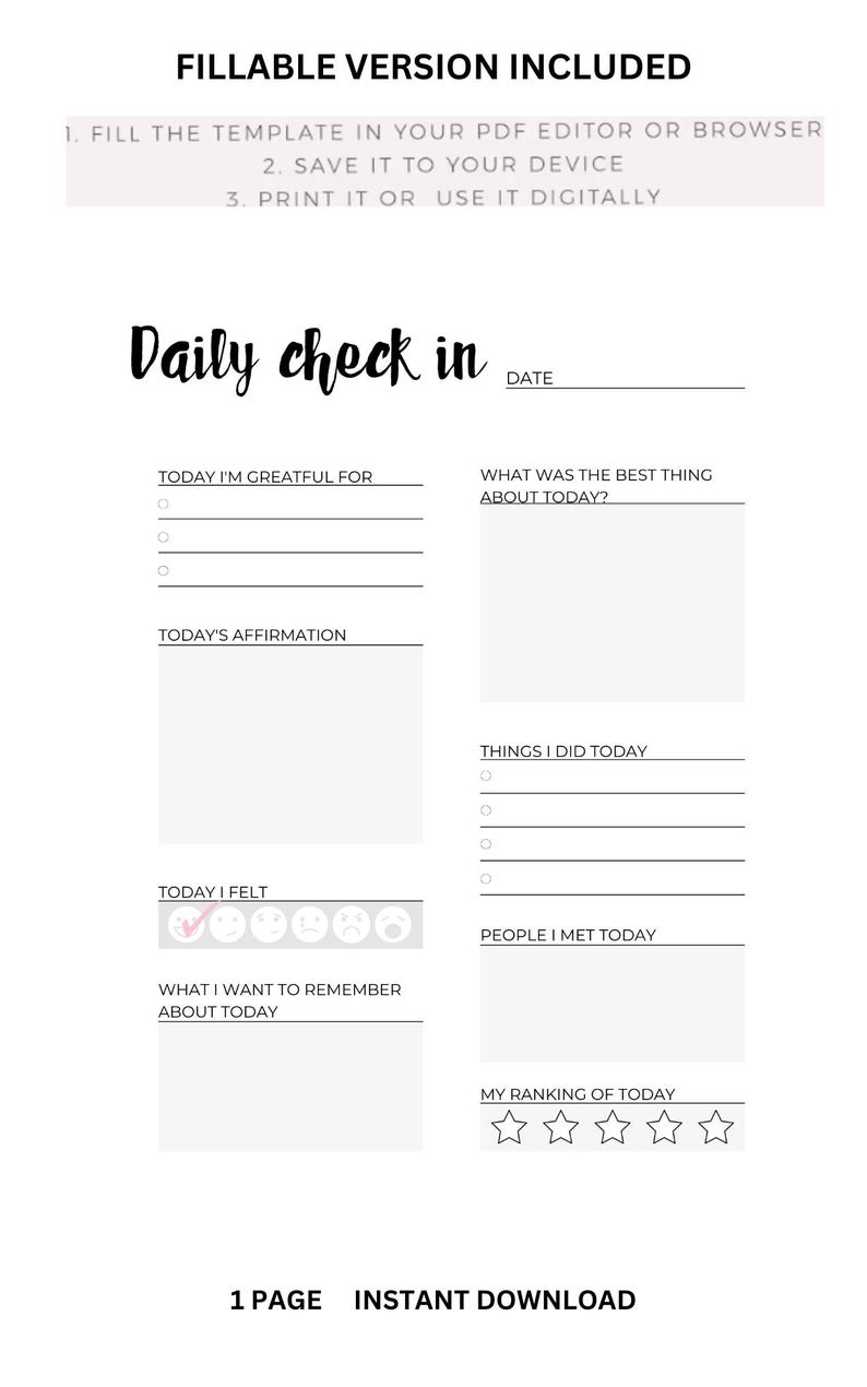 Daily Check In, Daily Planner, Instant Download, Digital Copy, A4 ...