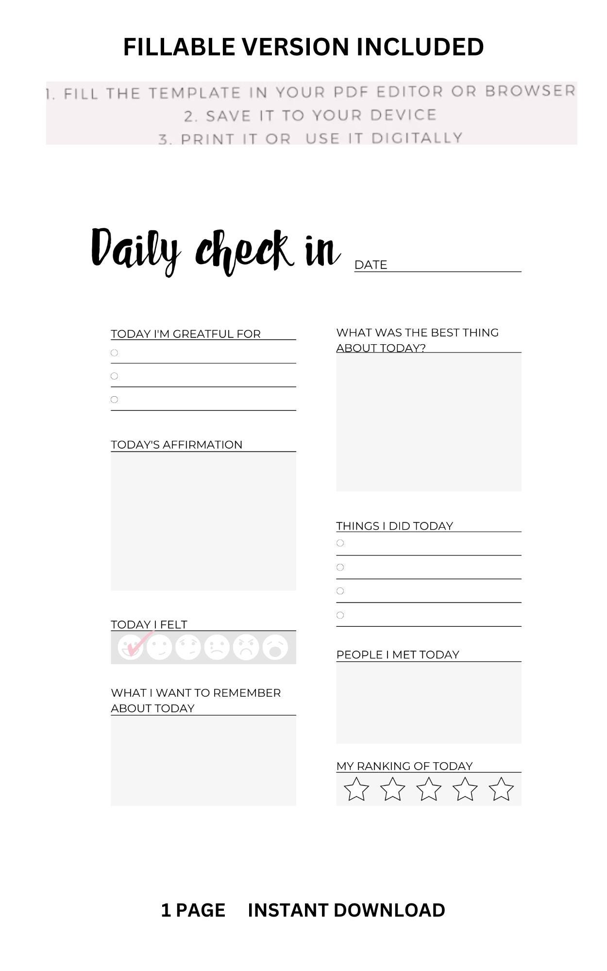Daily Check In, Daily Planner, Instant Download, Digital Copy, A4 ...