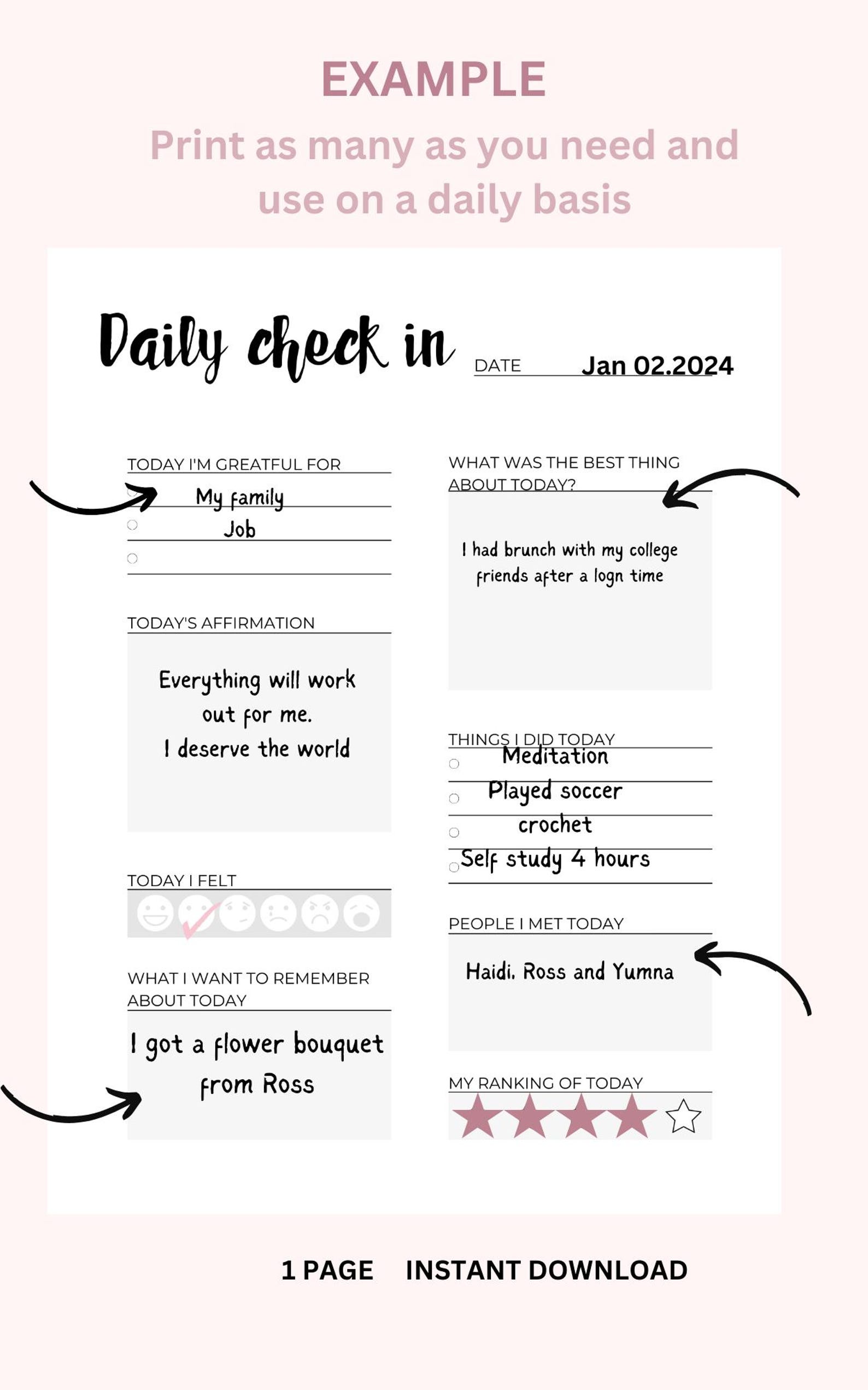 Daily Check In, Daily Planner, Instant Download, Digital Copy, A4 ...