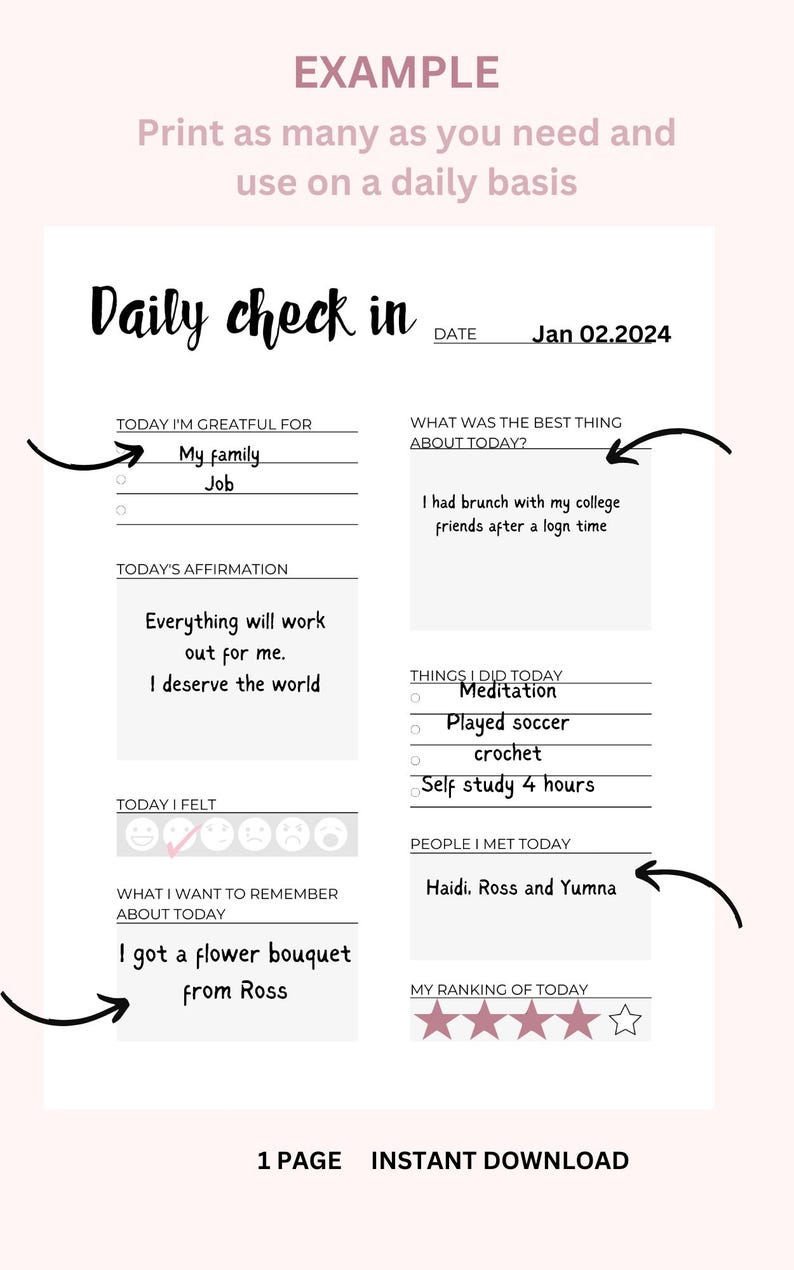 Daily Check In, Daily Planner, Instant Download, Digital Copy, A4 ...