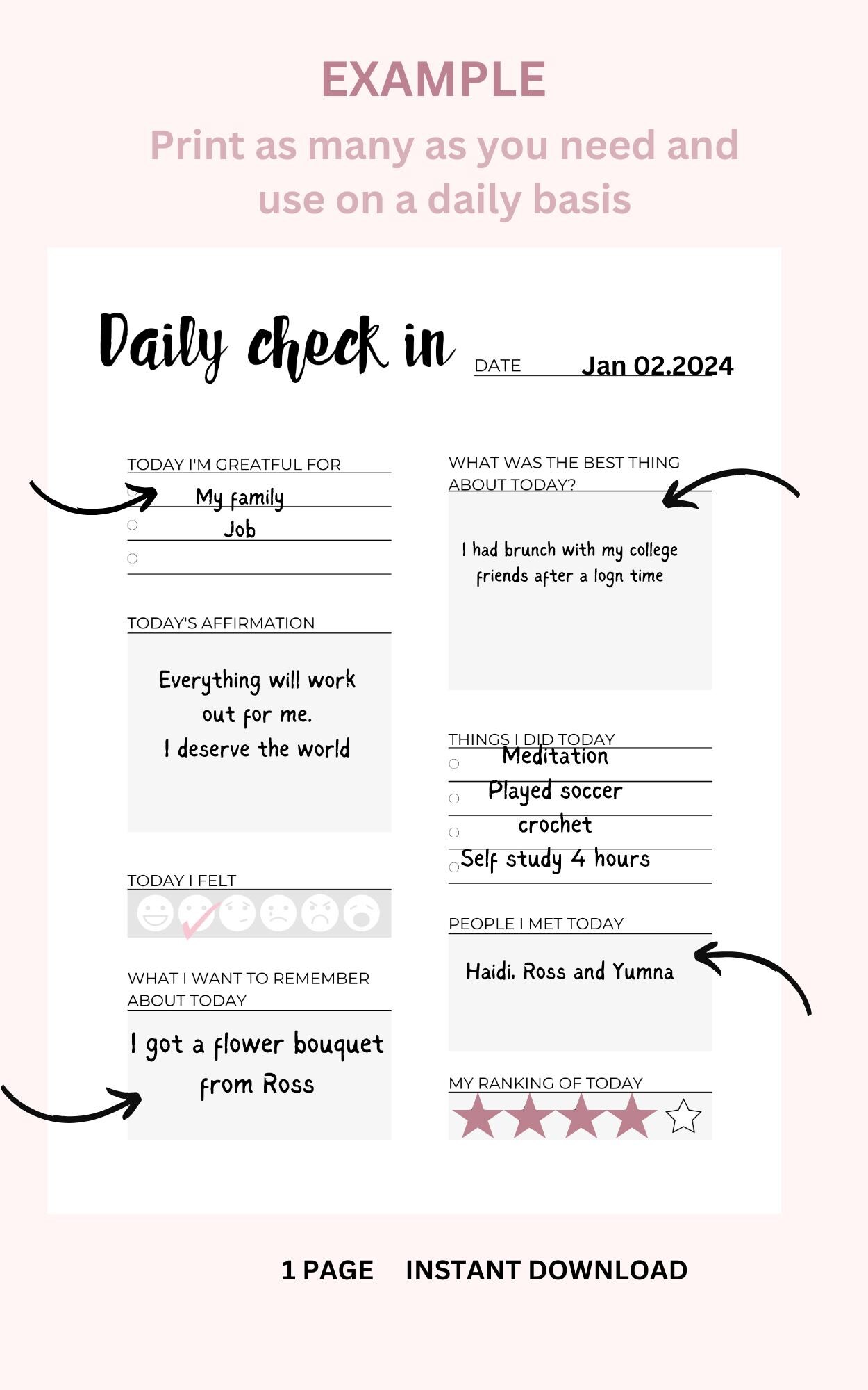 Daily Check In, Daily Planner, Instant Download, Digital Copy, A4 ...