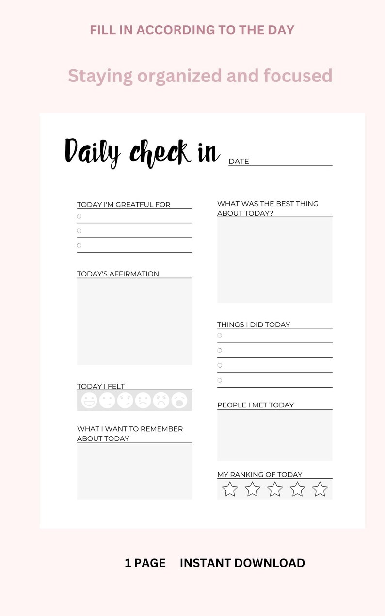 Daily Check In, Daily Planner, Instant Download, Digital Copy, A4 ...