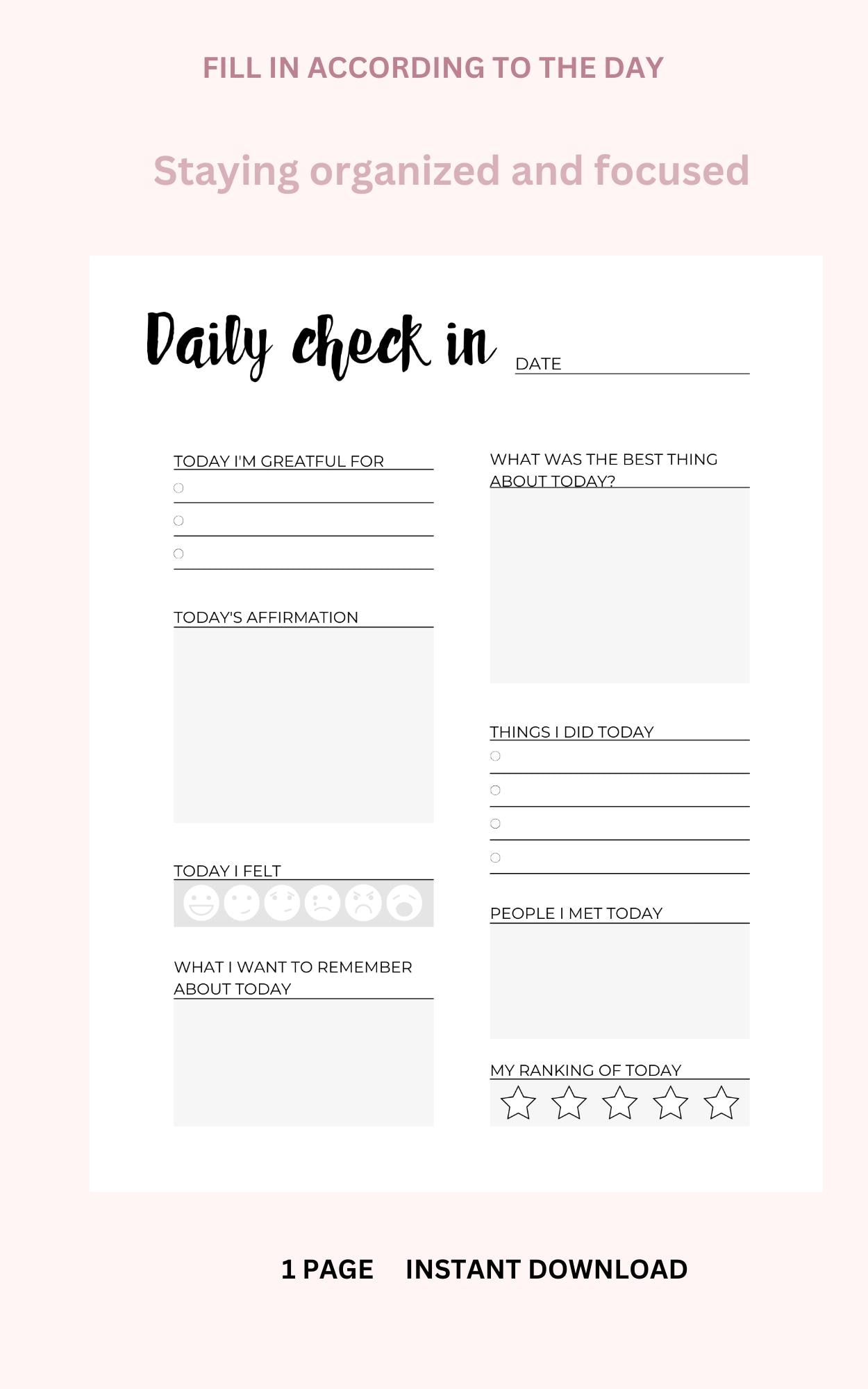 Daily Check In, Daily Planner, Instant Download, Digital Copy, A4 ...
