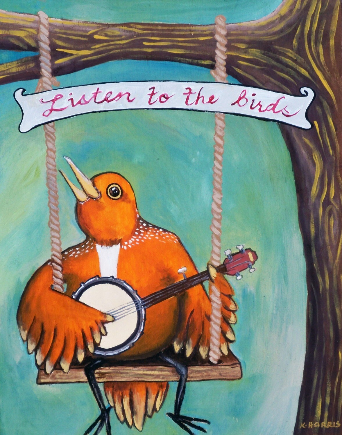 Bird and Banjo in Tree Swing Matted Print From Original Painting 11x14 ...