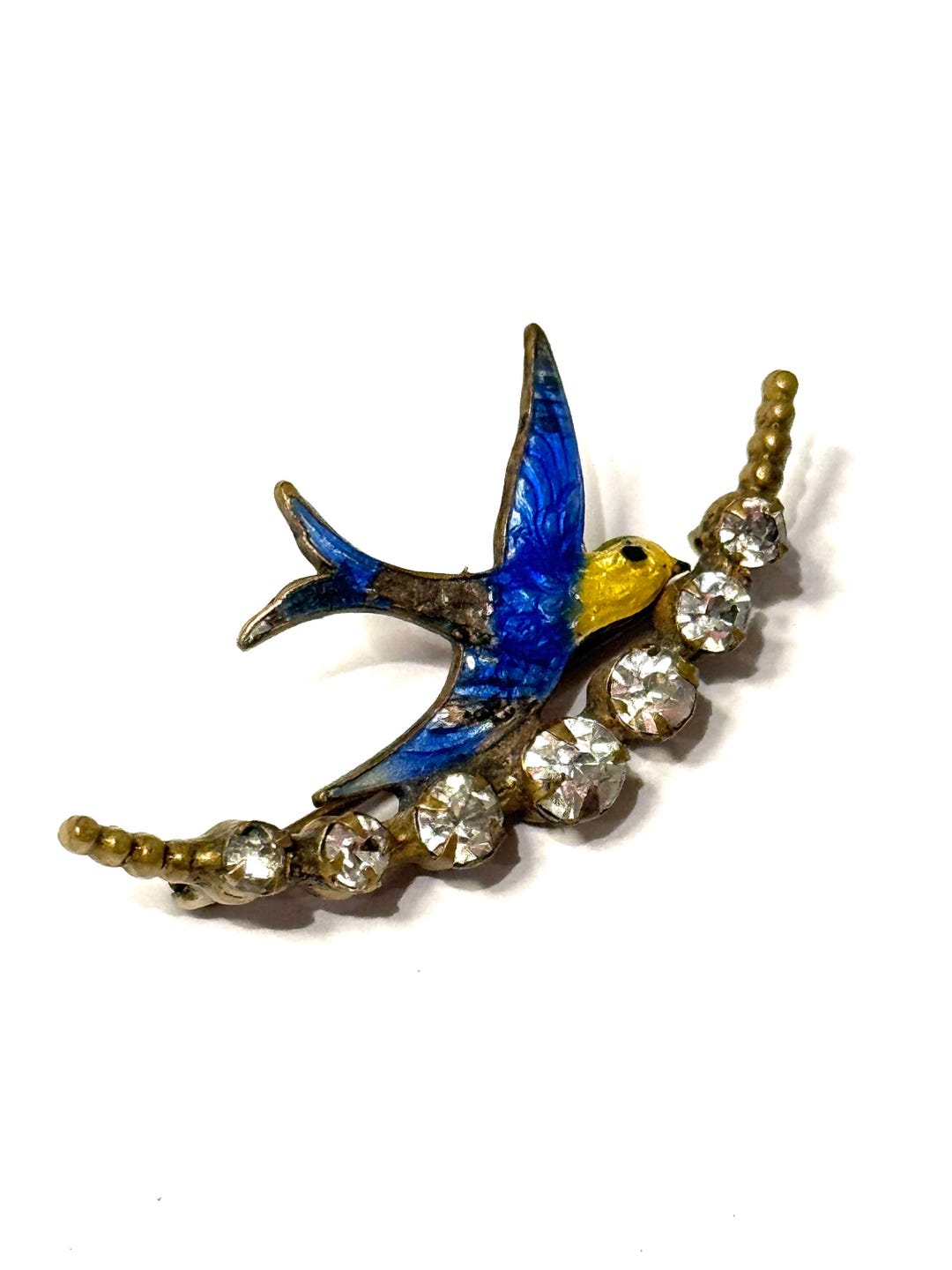 Antique Blue and Yellow Enamel Swallow Bird on Crescent Moon With Seven ...