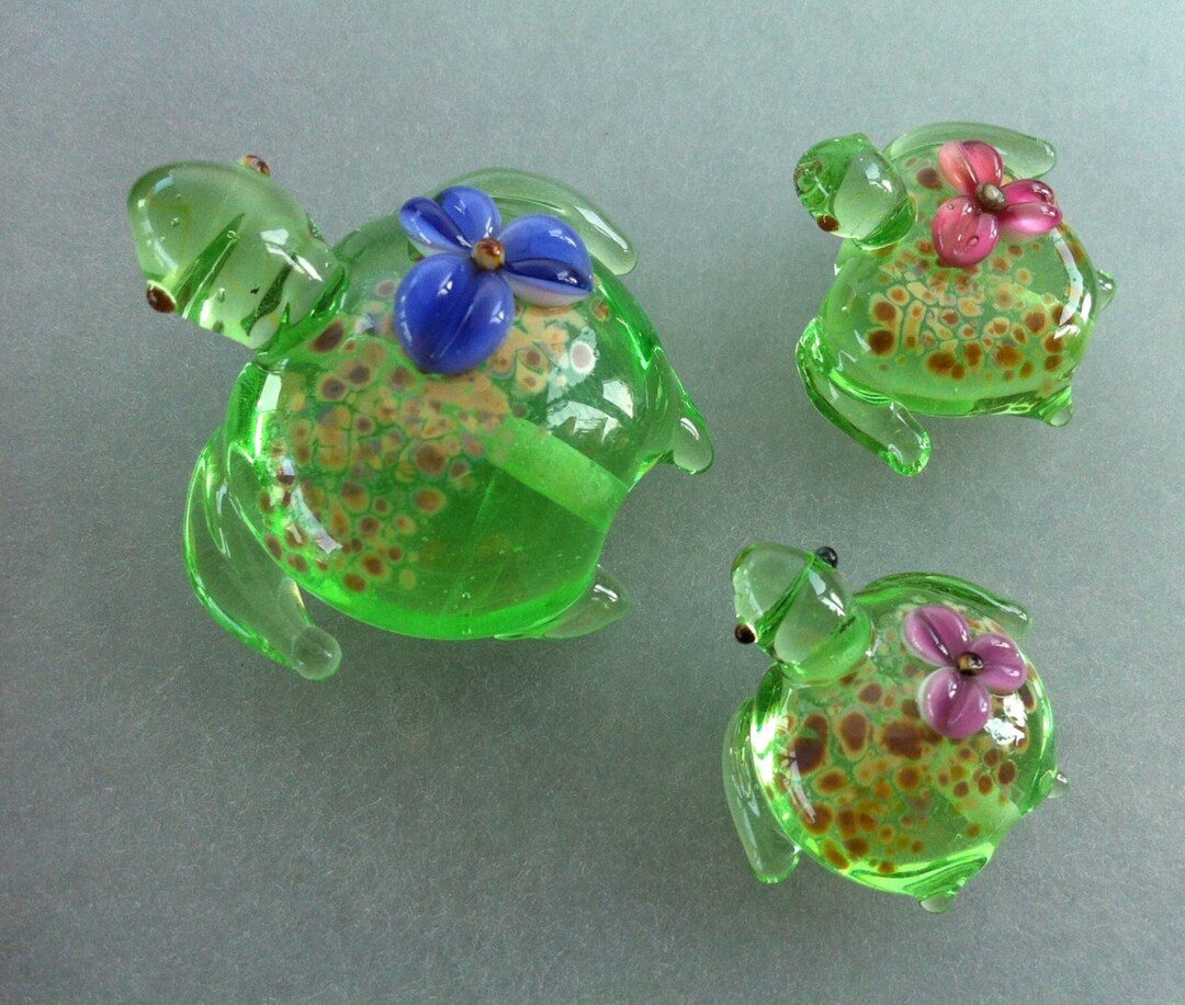 Glass Turtle Set 3 Floral Green Turtle Beads Flamework Focals Art Glass ...