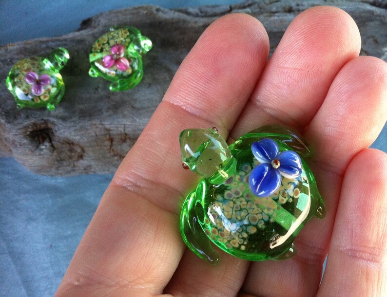 Glass Turtle Set 3 Floral Green Turtle Beads Flamework - Etsy