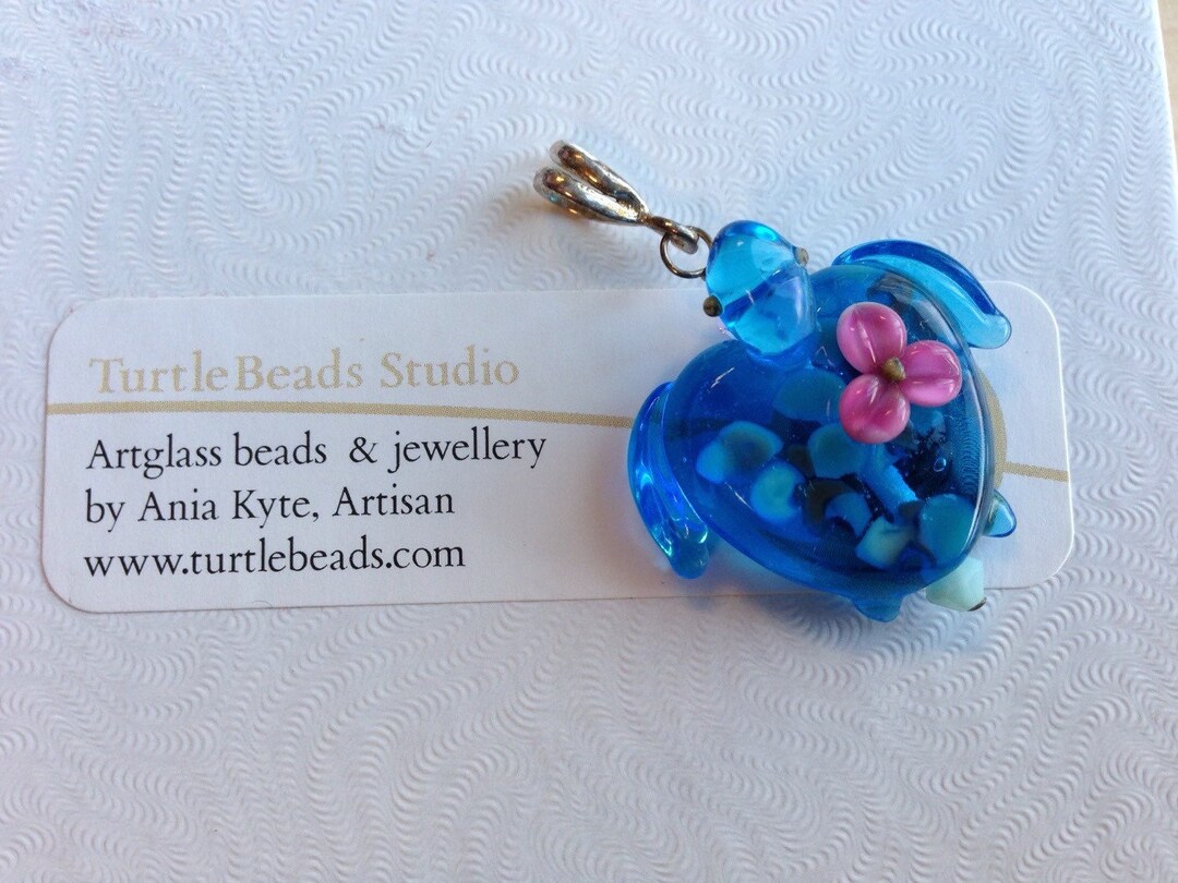 Lampwork Turtle Pendant - Aqua Pink Floral Seaturtle - Glass Bead ...