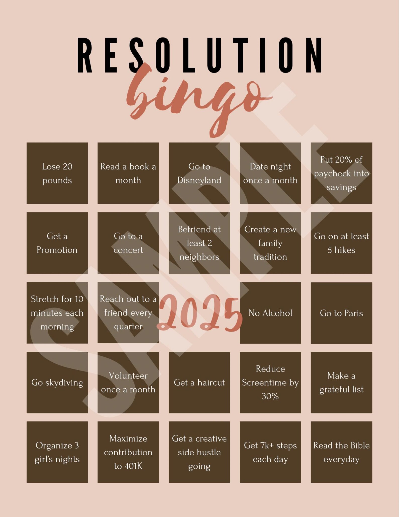 Digital Download 2025 New Year’s Resolution and Goals Bingo Card ...