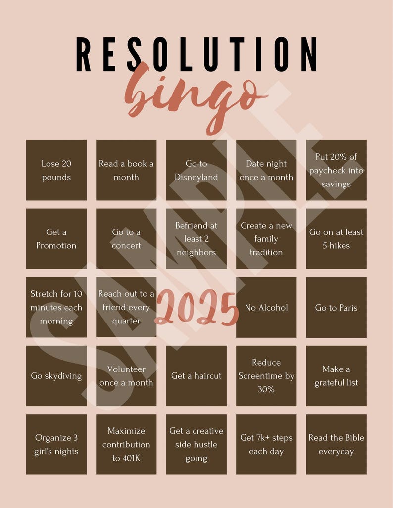 Digital Download 2025 New Year’s Resolution and Goals Bingo Card ...