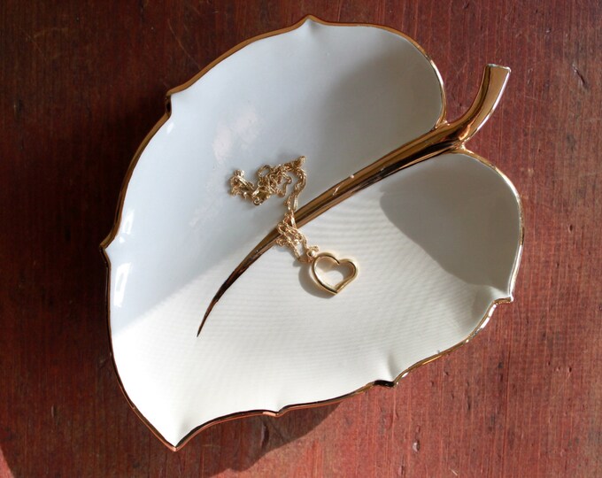 1969 Vintage Ceramic White Leaf Tray With Golden Rim Jewelry Tray - Etsy