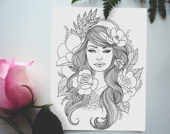 Beautiful Tattooed Lady Adult Coloring Page Instant Etsy