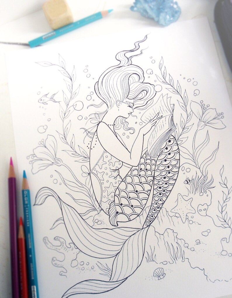 Reading Mermaid Coloring Page Instant Download Print Your Etsy 