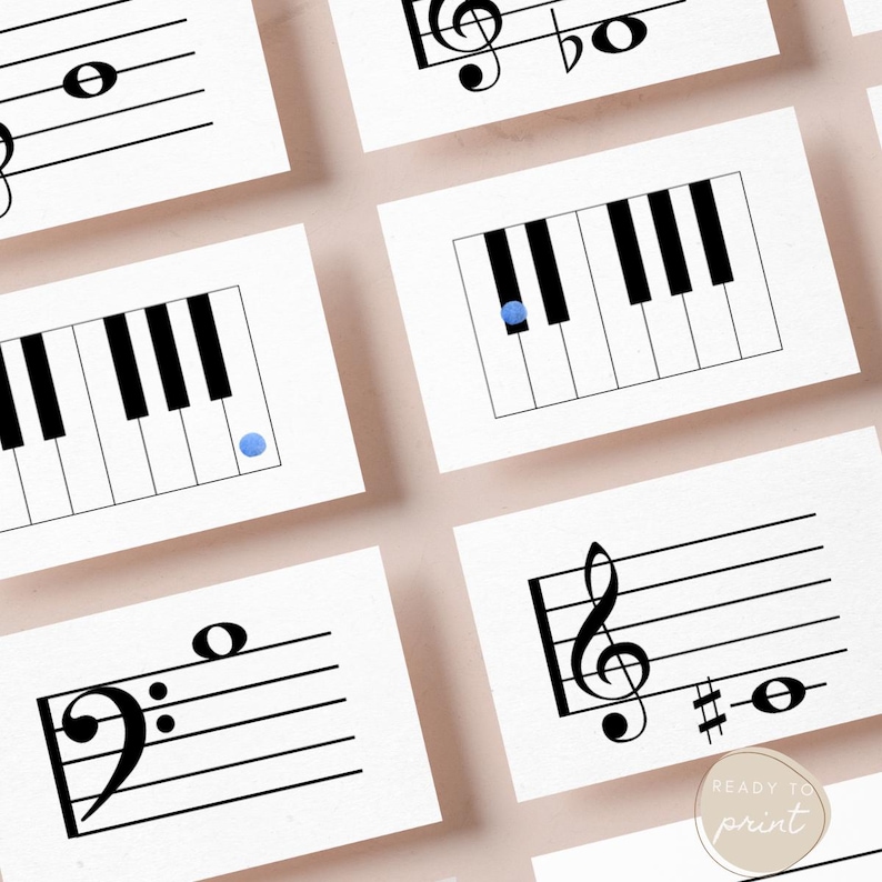 Staff Note Flashcards, Treble Clef Notes, Bass Clef Notes, Piano Key ...