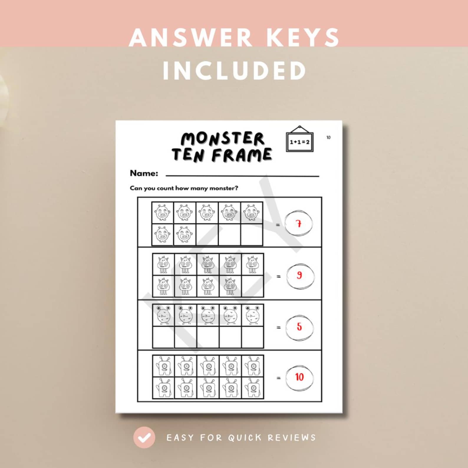 Ten Frame Worksheets Kindergarten Monster Theme 10 Frame Math ...