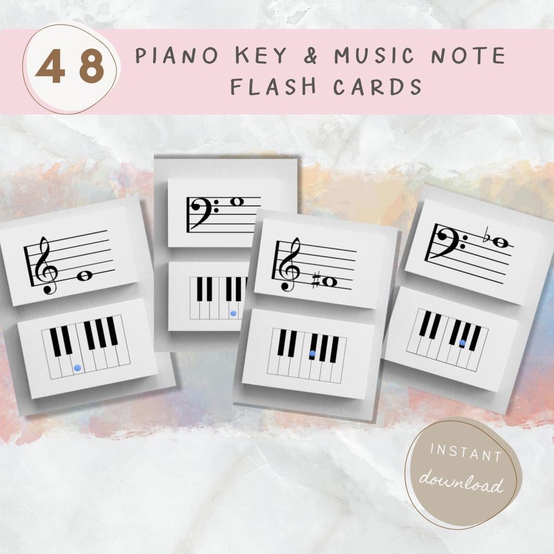 Staff Note Flashcards, Treble Clef Notes, Bass Clef Notes, Piano Key ...