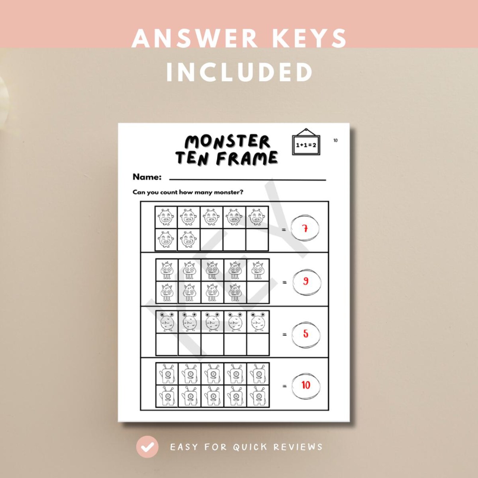 Ten Frame Worksheets Kindergarten Monster Theme 10 Frame Math ...