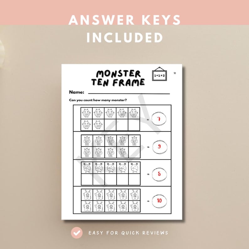 Ten Frame Worksheets Kindergarten Monster Theme 10 Frame Math ...