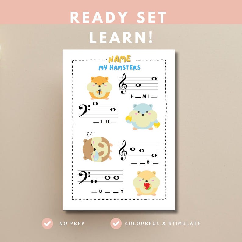 Animal-themed Music Note Worksheets: Kindergarten, Treble & Bass Clef ...