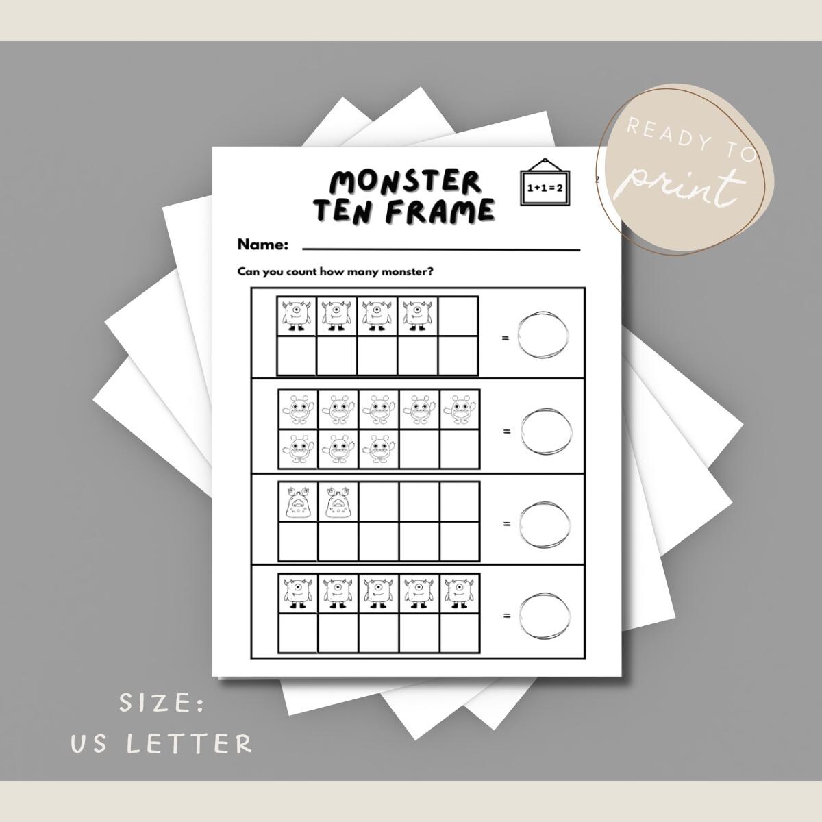 Ten Frame Worksheets Kindergarten Monster Theme 10 Frame Math ...