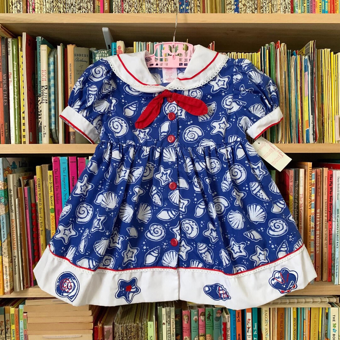 2-3T Vintage 90s Girls Nautical Seashell Dress With Headband, Red White ...