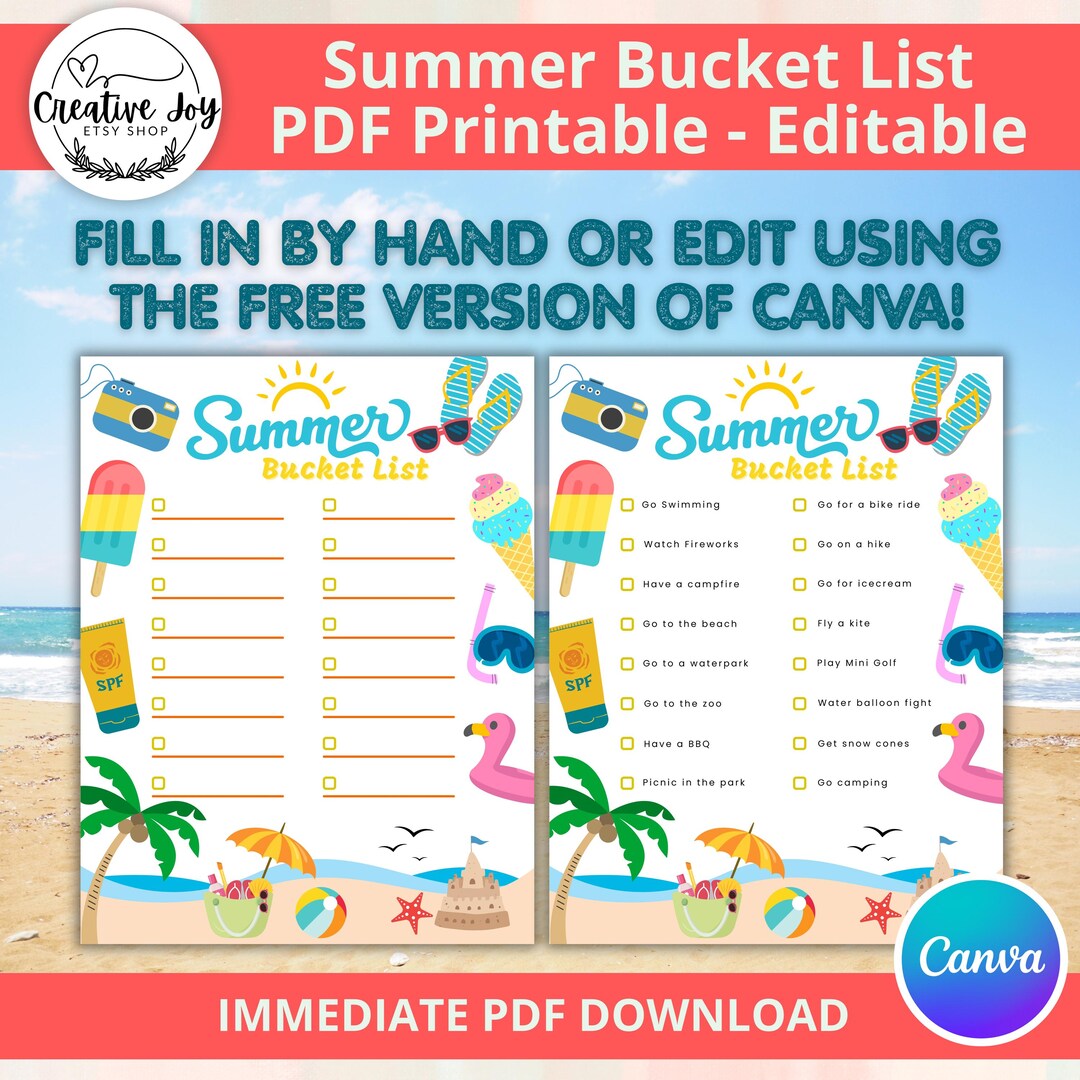 Summer Bucket List Printable | Editable Summer Bucket List | Bucket ...