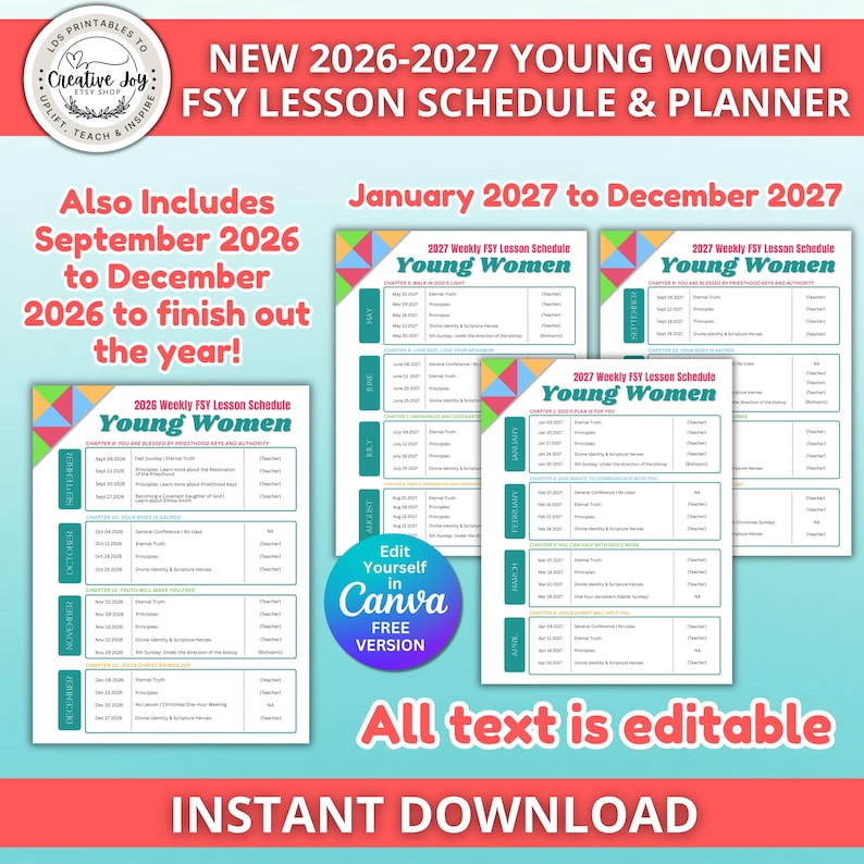 Young Women New FSY Weekly Lesson Schedule Planner for Leaders 2026 ...